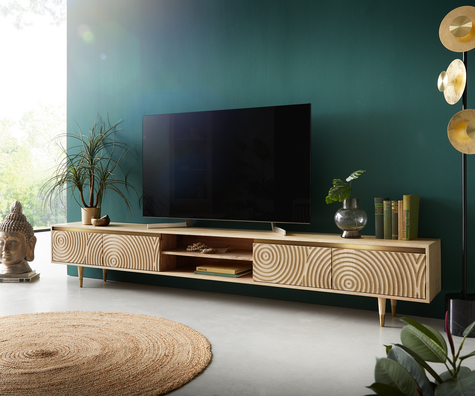 Lowboard Budaya 260 cm Mango Natur 4 Türen Fuß rund